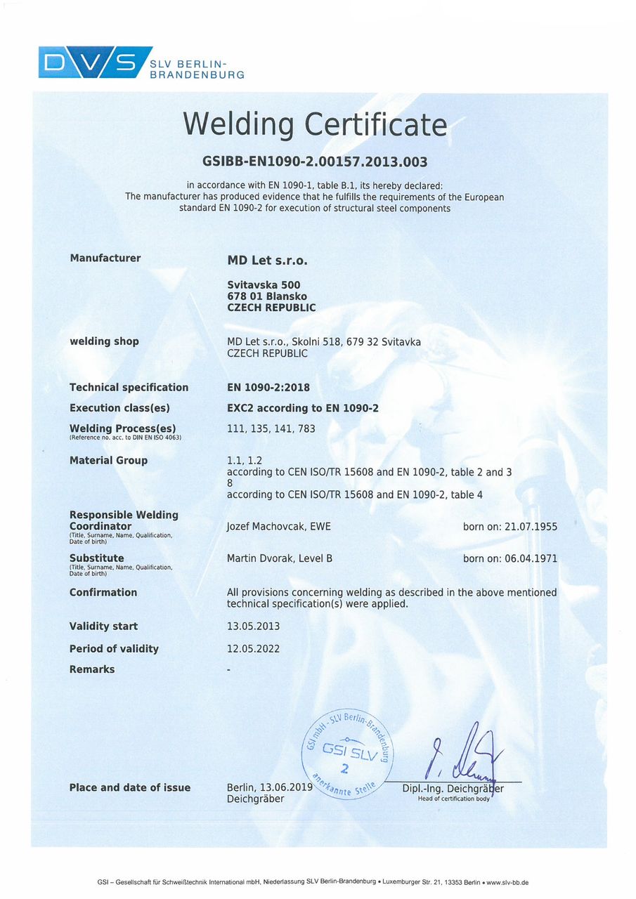 Certification - Reliable supplier of machinery and equipment | M D Let Ltd.